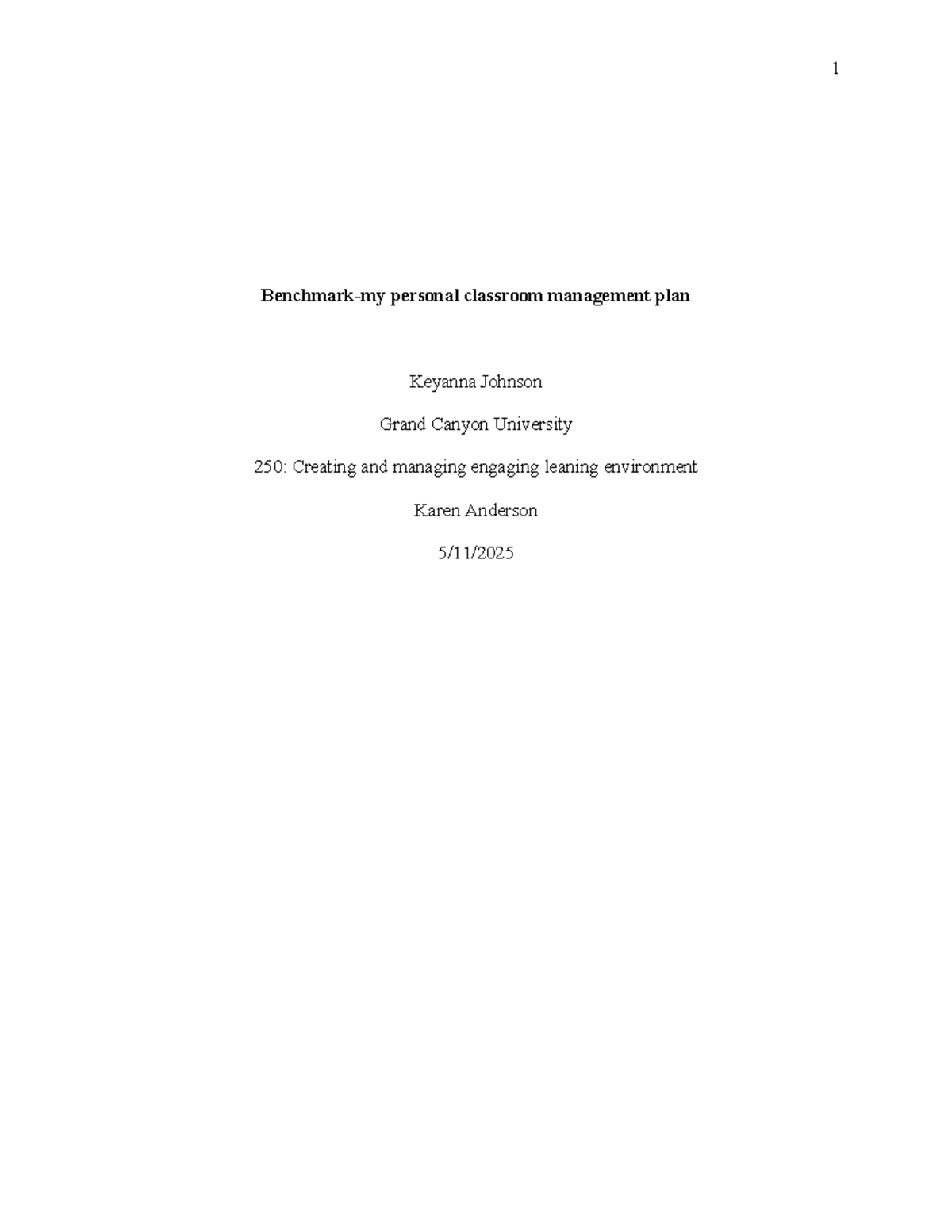 GCU 250: Final Project on Personal Classroom Management Plan - Studocu