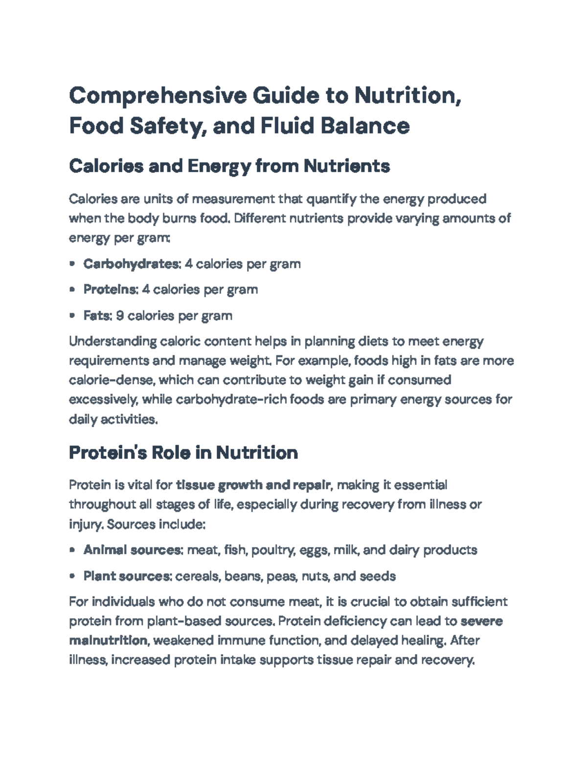Comprehensive Guide to Nutrition, Food Safety, and Fluid Balance in ...