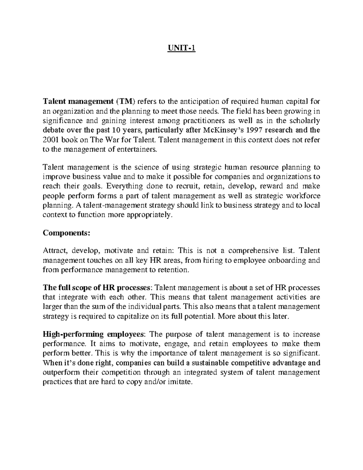 Unit 1 - Talent Management Overview and Strategies (TM) - Studocu
