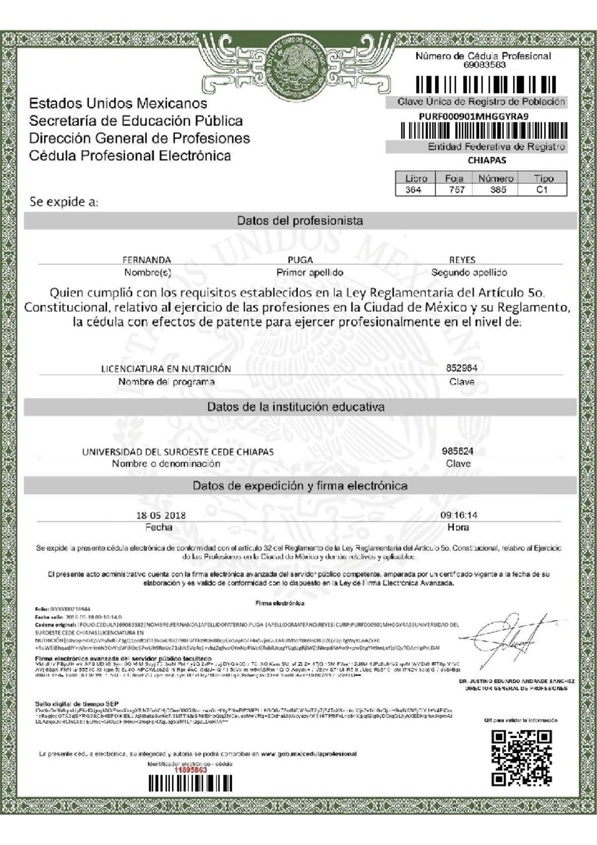 Cédula Profesional de Fernanda Puga Reyes - Lic. en Nutrición 852964 ...