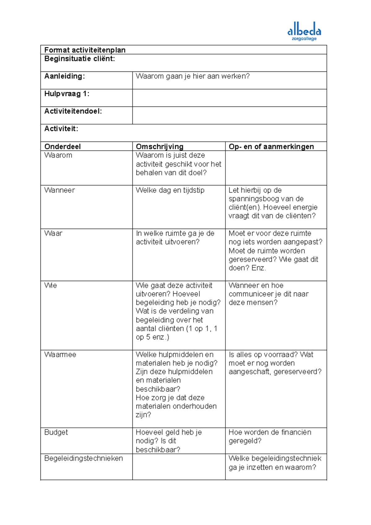 Format Activiteitenplan B1-K1-W4: Handleiding en Structuur - Studeersnel