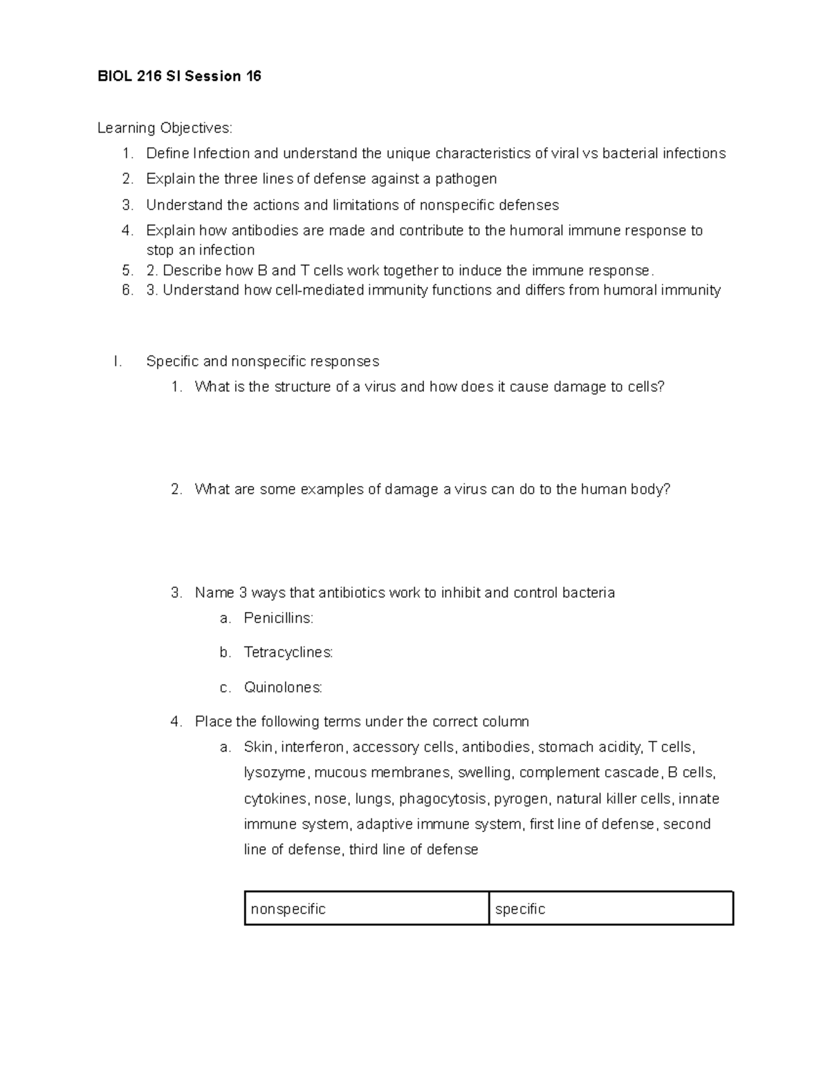 BIOL 216 SI Session 16: Immune System Learning Objectives and Key ...