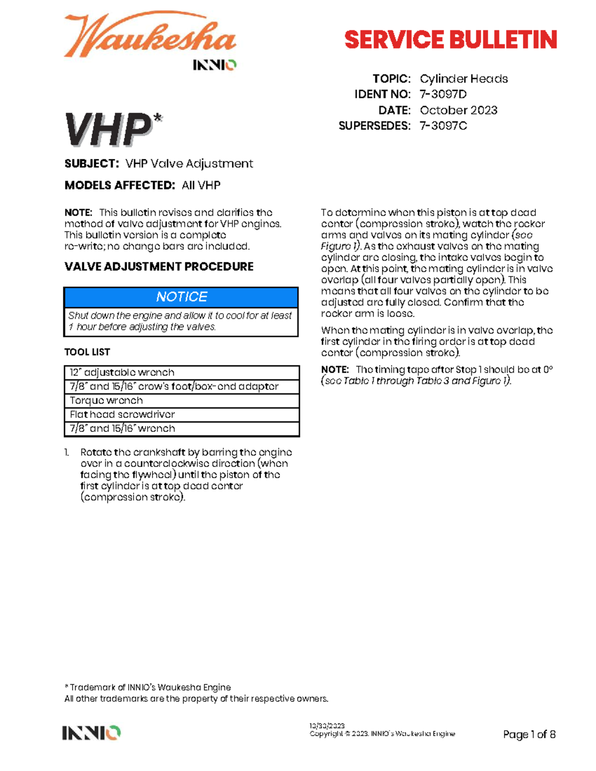 VHP Valve Adjustment Procedure Bulletin 7-3097D - Oct 2023 - Studocu