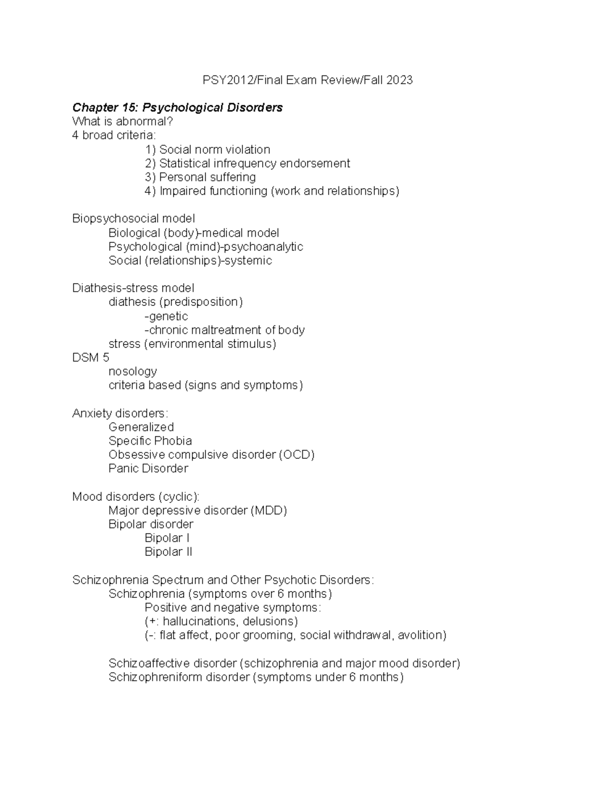 PSY2012 Final Exam Review: Psychological Disorders & Treatments Fall 2023 - Studocu