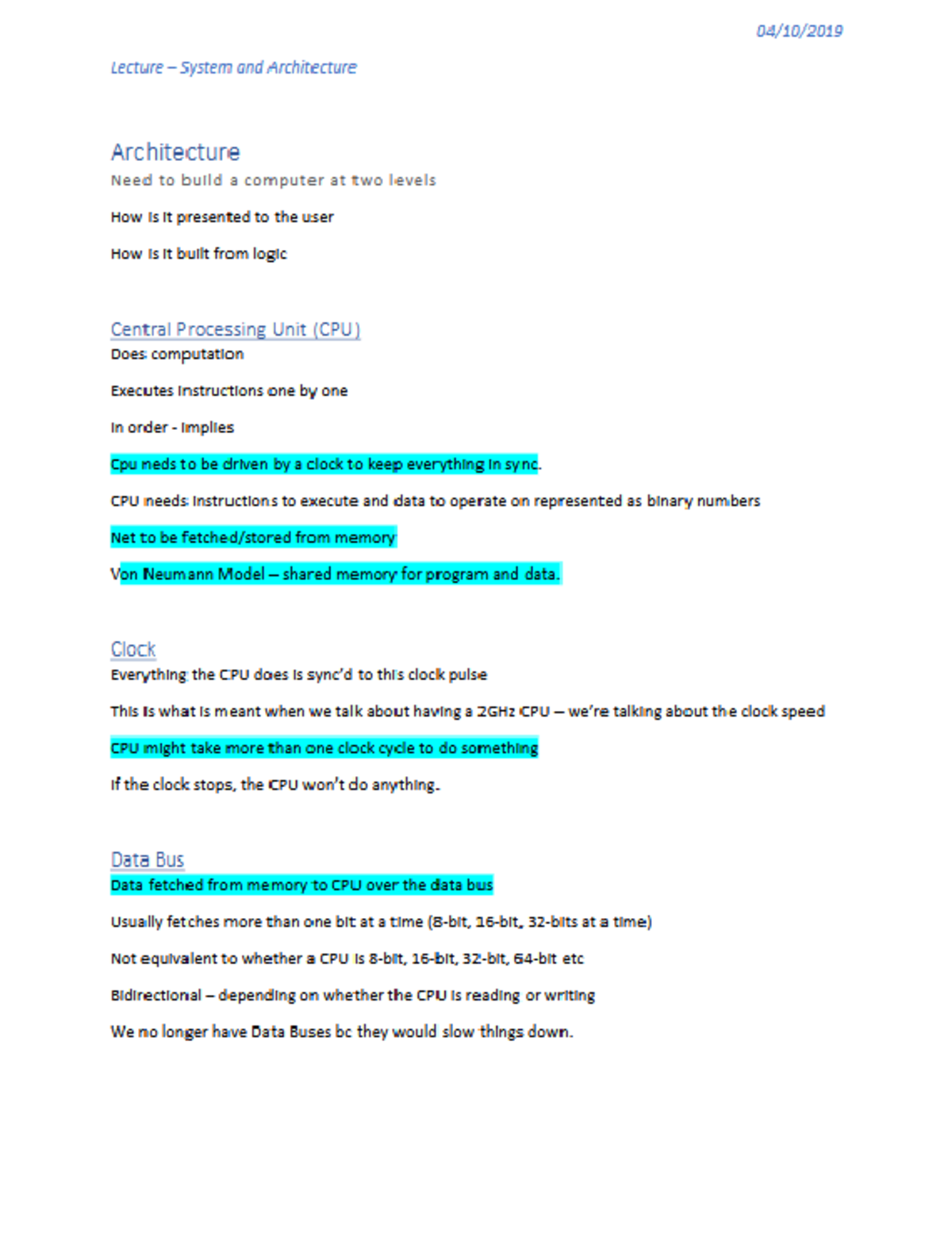 Computer Architecture Notes Lecture System And Architecture