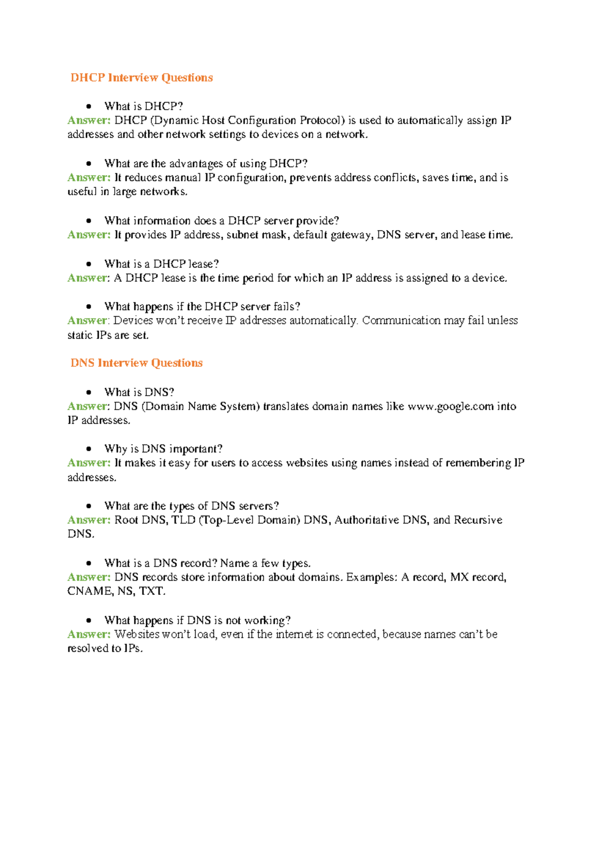 DHCP & DNS Interview Questions: Key Concepts & Answers - Studocu