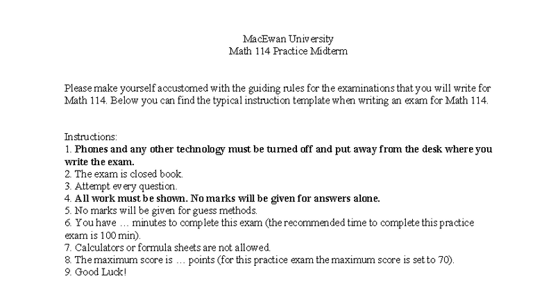 MacEwan University Math 114 Practice Midterm Guidelines and Questions ...
