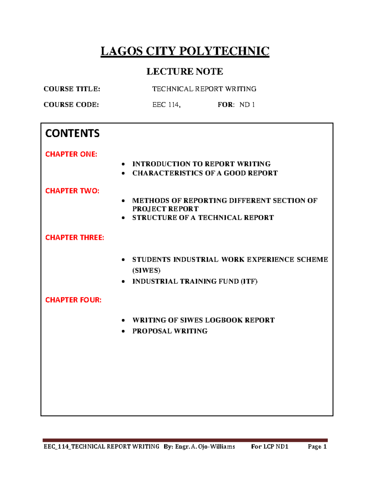 EEC 114 Technical Report Writing Lecture Notes for ND 1 Students - Studocu