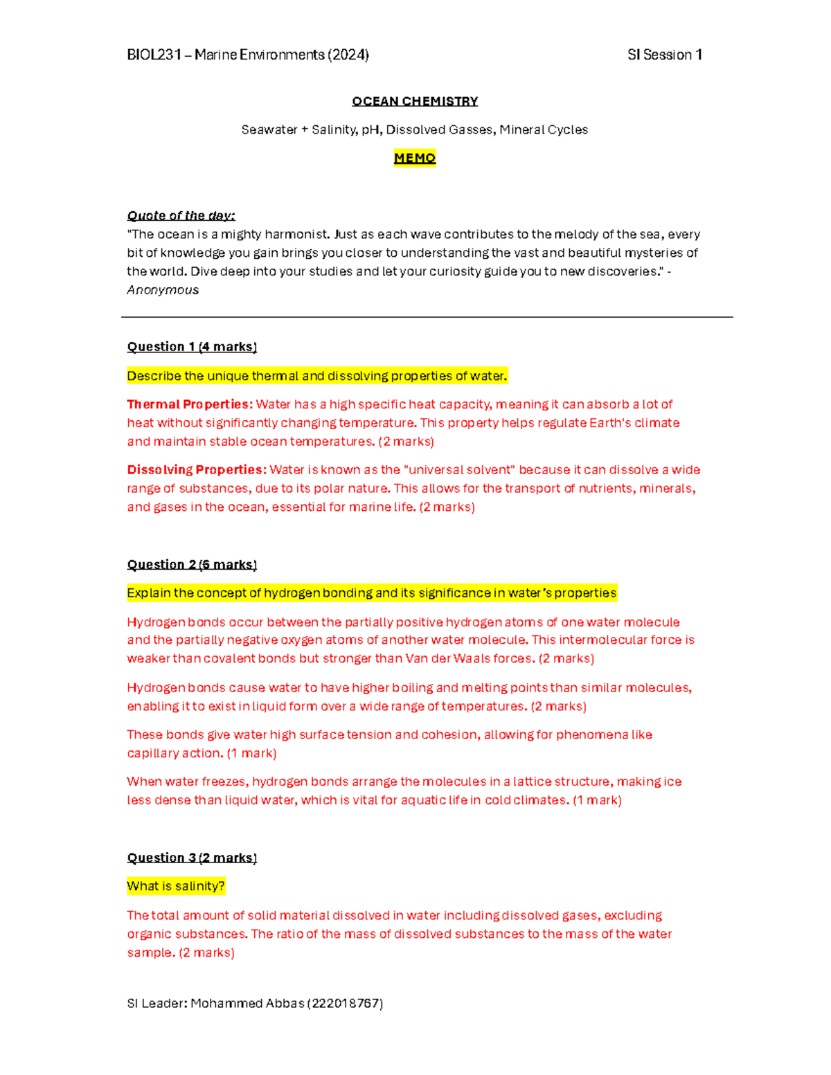 BIOL231 Ocean Chemistry SI Worksheet 1 Memo Insights - Studocu