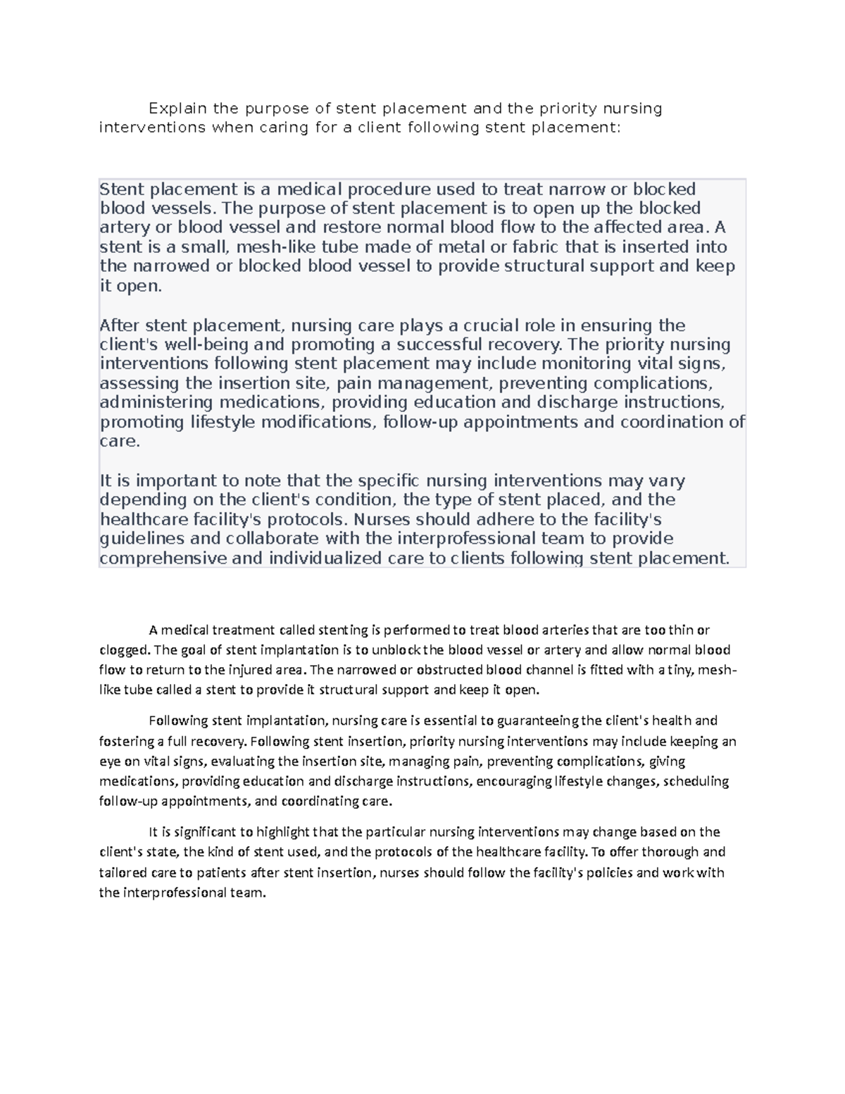 ATI Stent Placement Care: Nursing Interventions & Priorities - Studocu