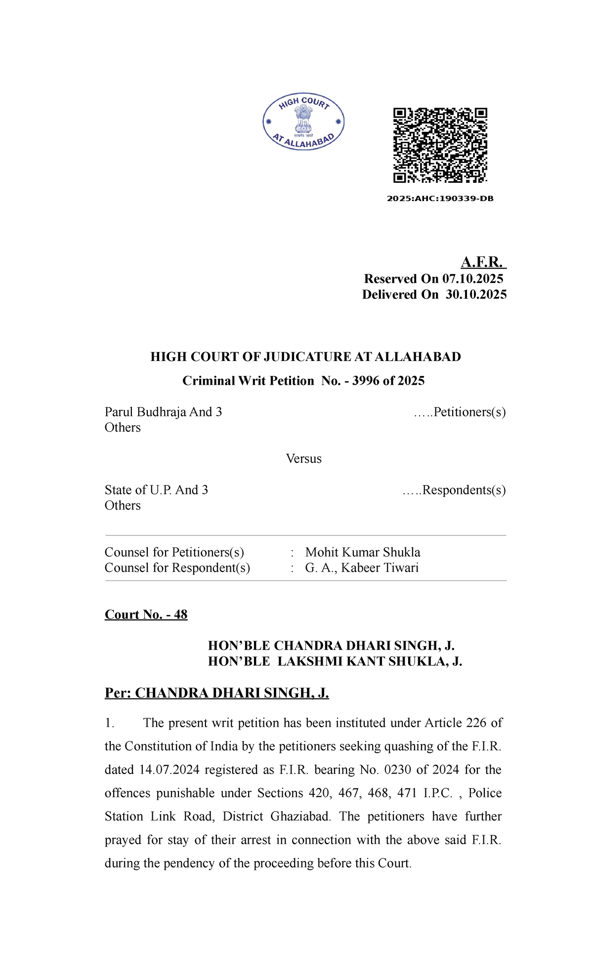 Criminal Writ Petition No. 3996 of 2025: Parul Budhraja vs. State of U ...