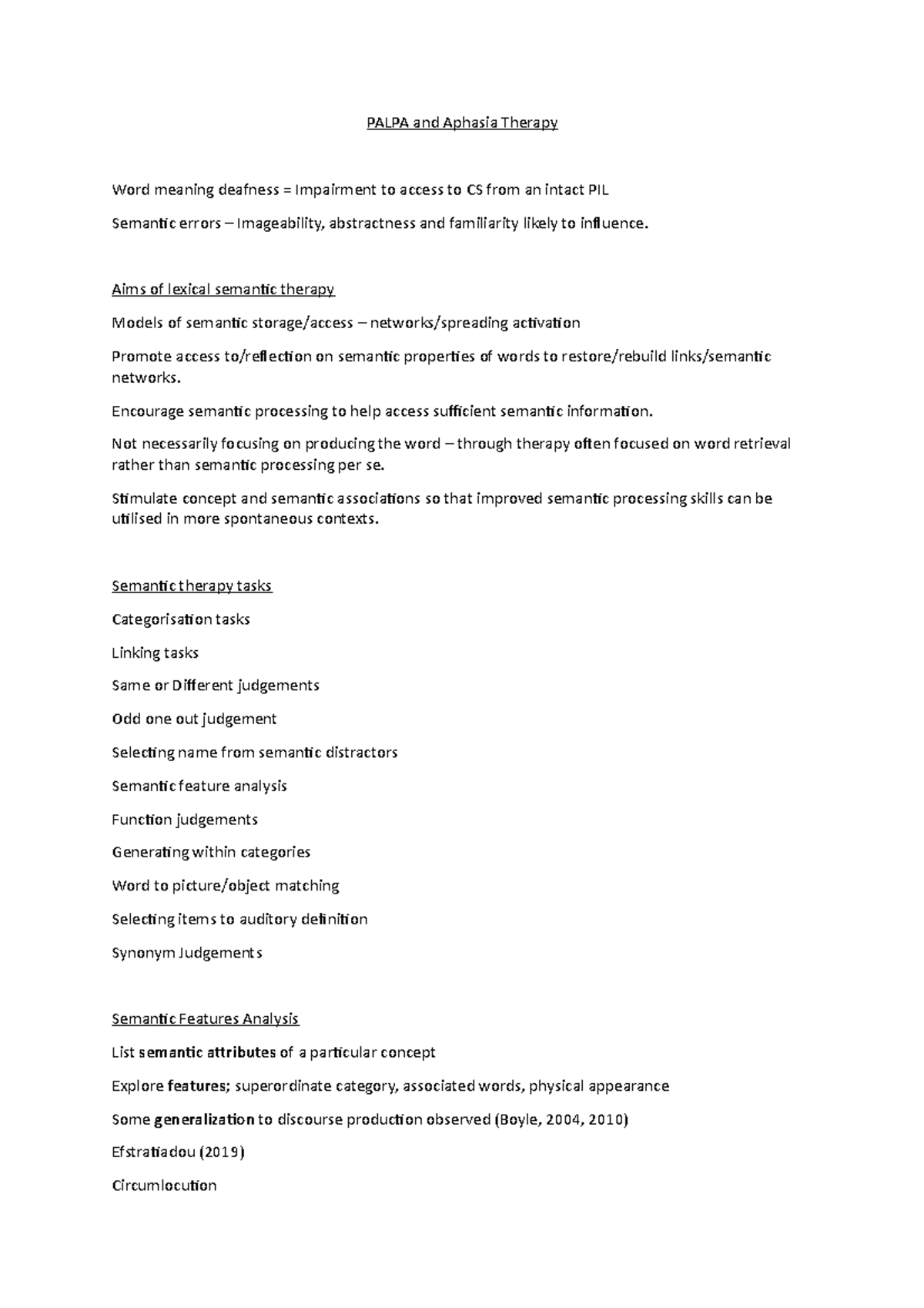 PALPA & Aphasia Therapy: Approaches to Semantic Processing - Studocu