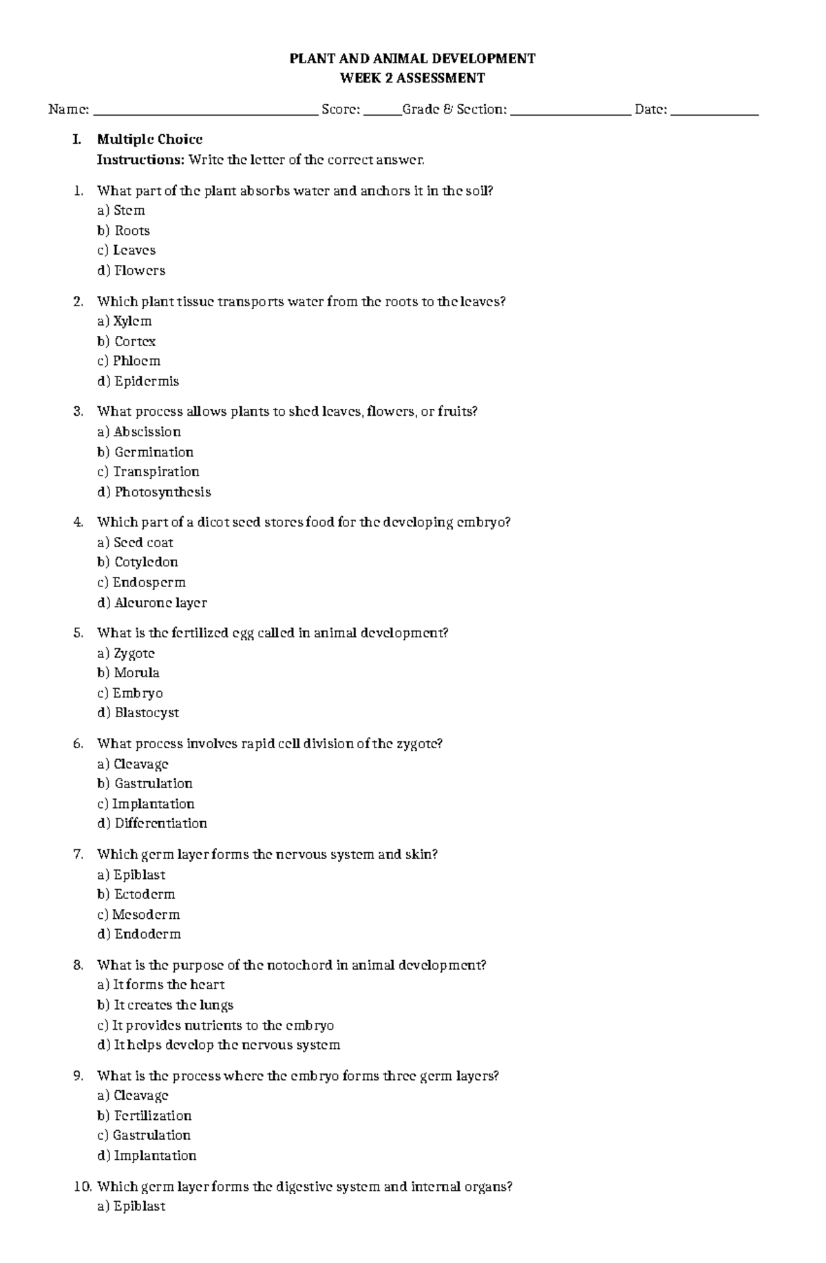 STEM11 WEEK 2 Assessment PART 1 - PLANT AND ANIMAL DEVELOPMENT WEEK 2 ...