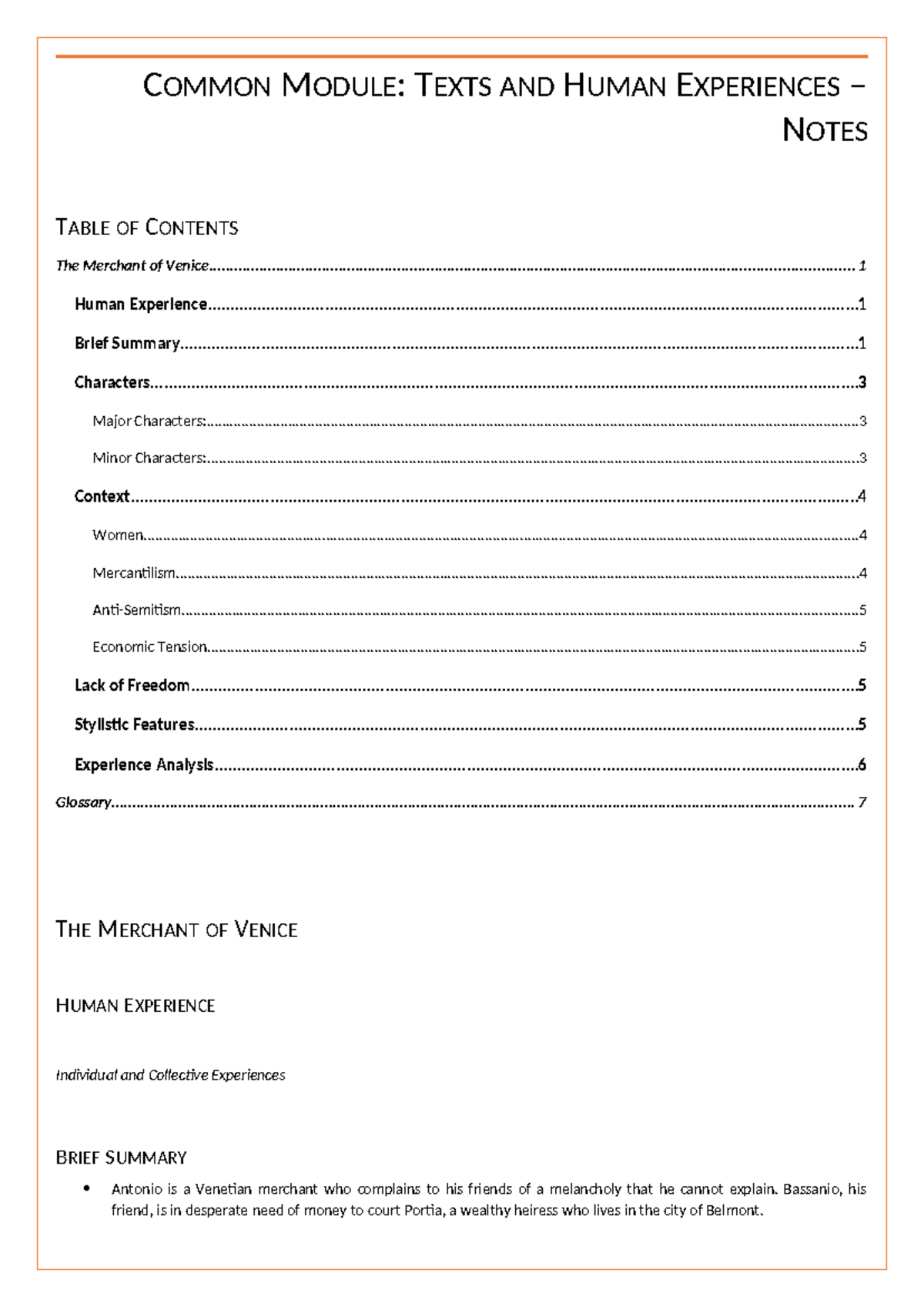 COMMON MODULE: THE MERCHANT OF VENICE HUMAN EXPERIENCE NOTES - Studocu
