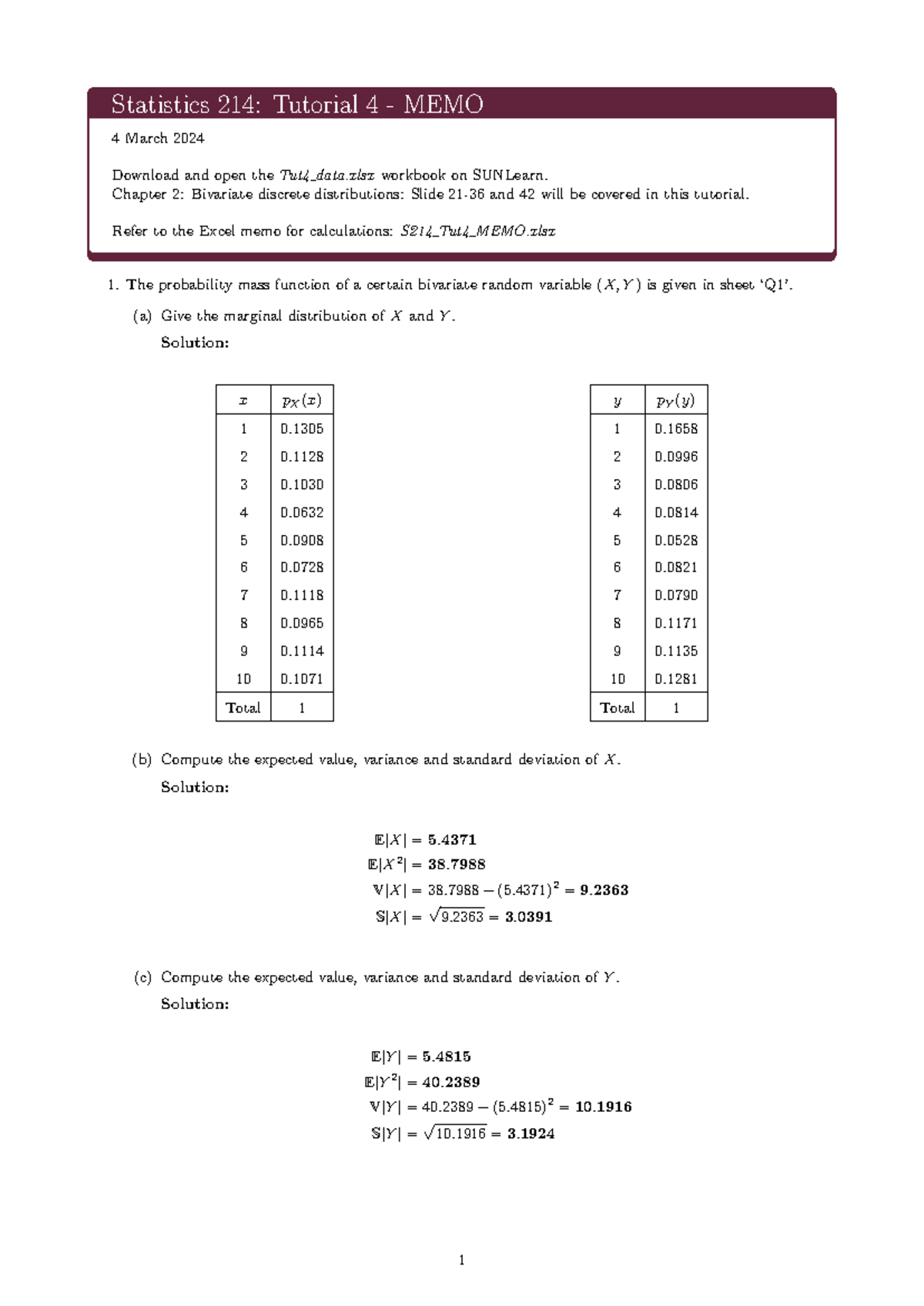 Tut 4 Memo only - Statistics 214: Tutorial 4 - MEMO 4 March 2024 ...