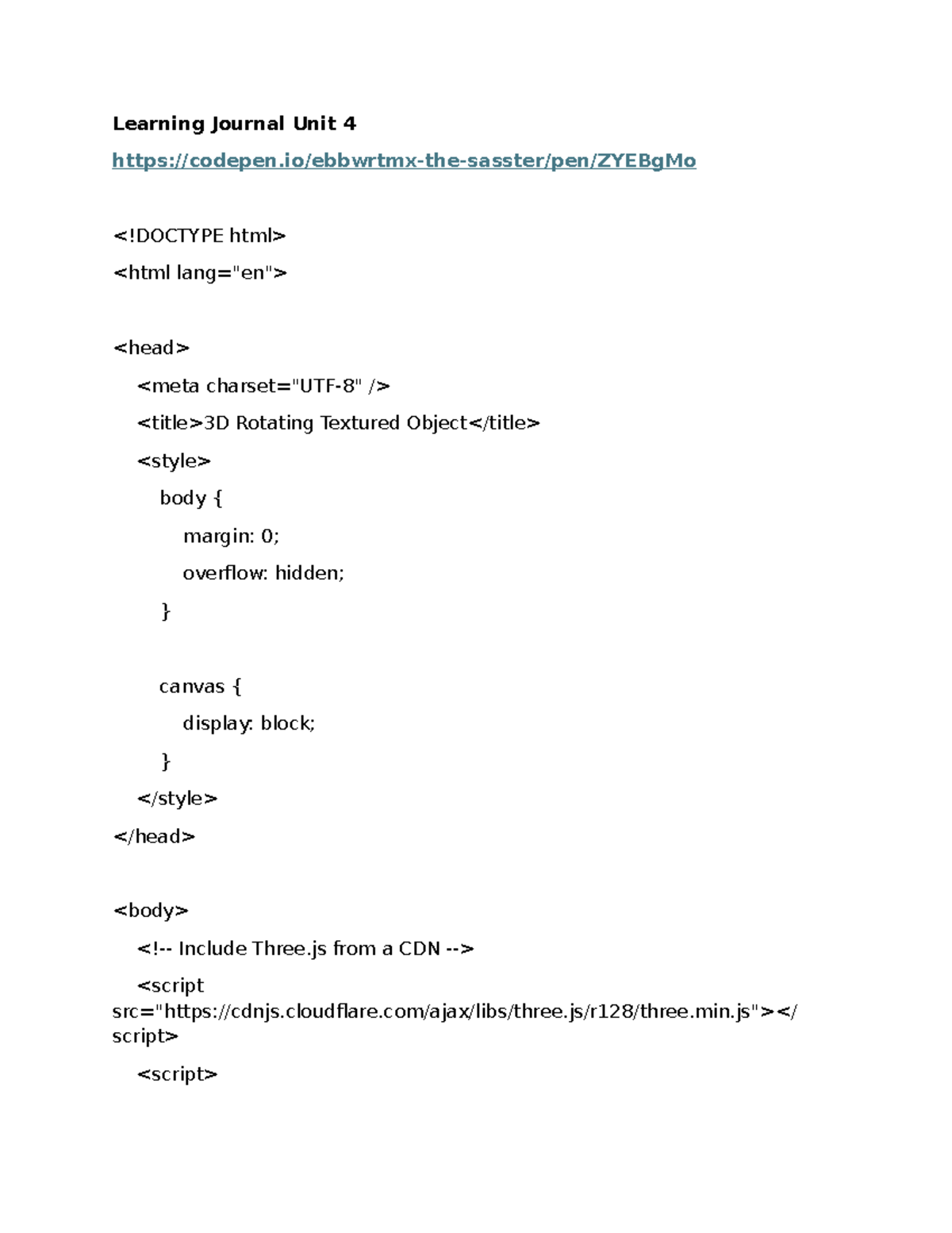 CS 4406 Learning Journal: Unit 4 - Three.js Cube Animation - Studocu