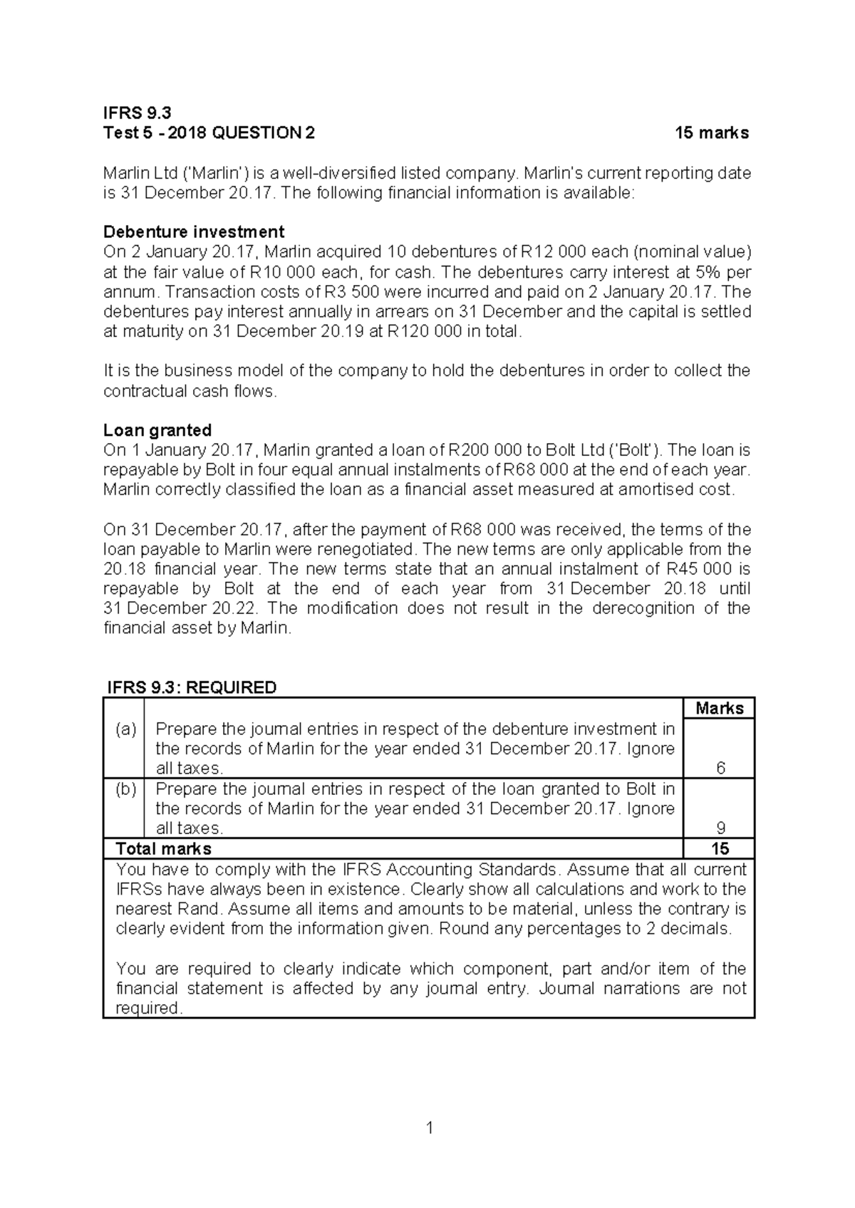 IFRS 9.3 Test 5 2018: Journal Entries for Marlin Ltd's Financial Assets ...