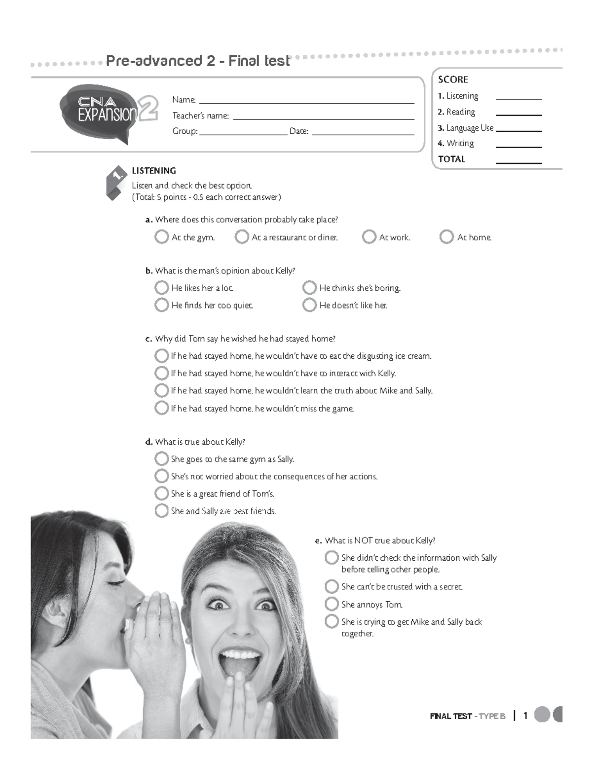 Pre-advanced 1 - Final Written Test -Tipo B - FINAL TEST - TYPE B | 1 ...