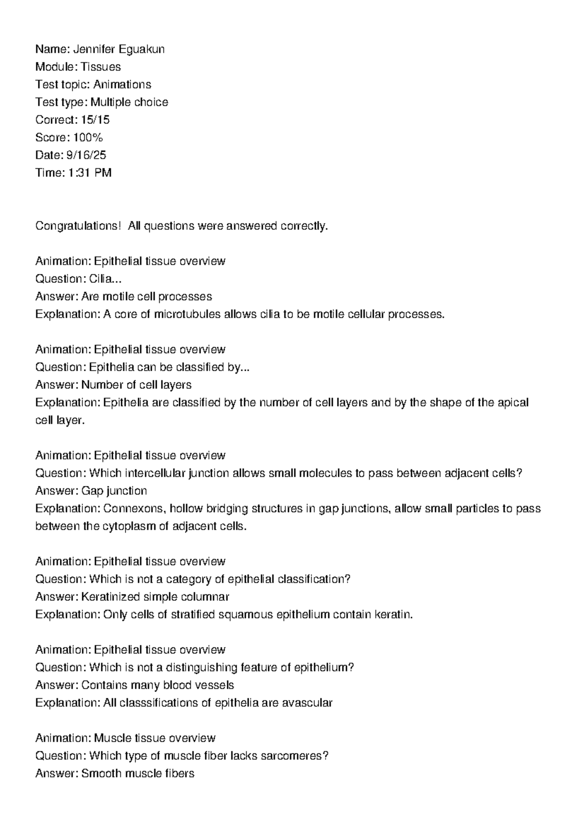 Tissues Test Review: Epithelial & Muscle Tissue Insights - Studocu