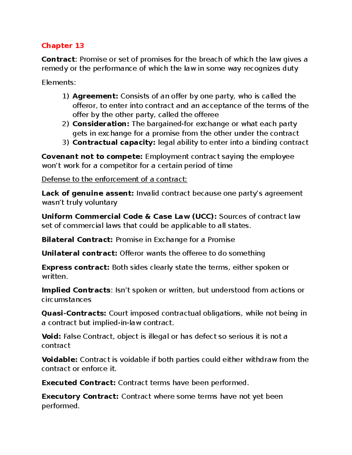 Contract Law Overview: Key Concepts from Chapters 13-17, 20, 42, 43 ...