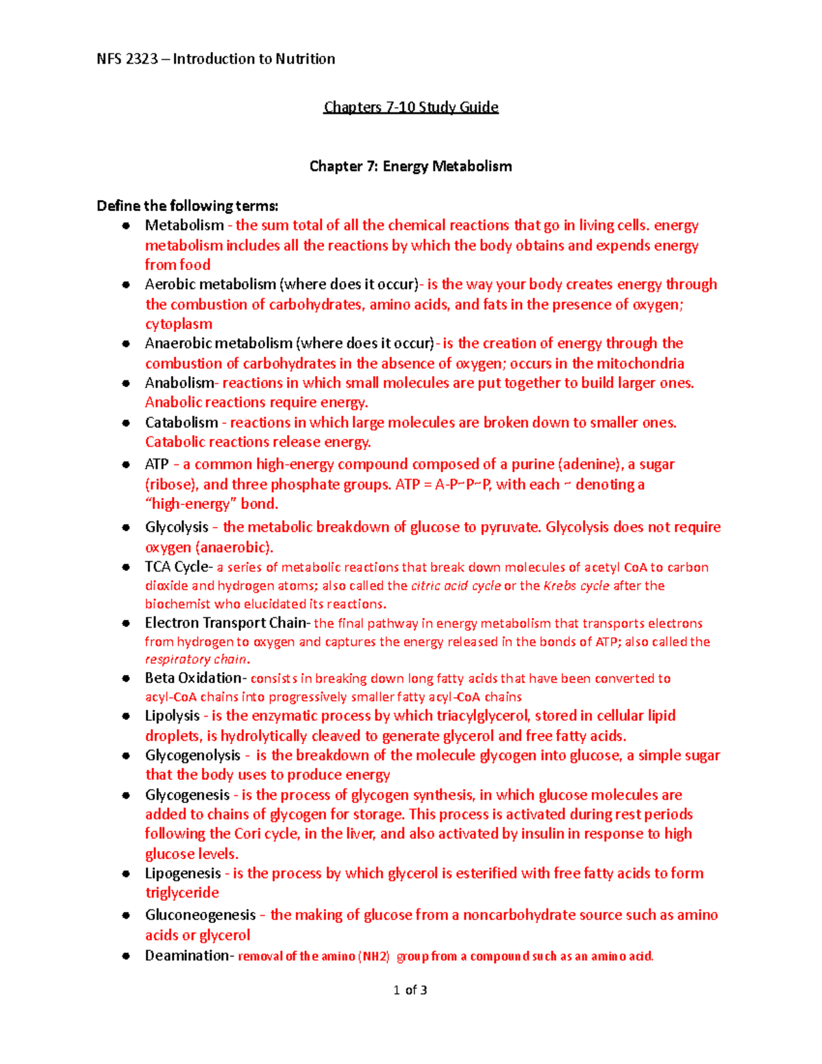 Chapter 7-10 Learning Guide for Exam 3 on Energy Metabolism & Balance ...