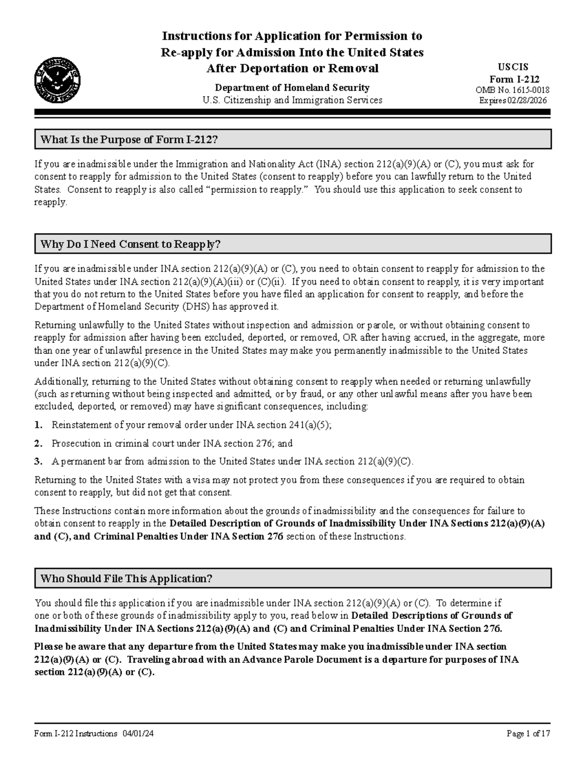 Application Instructions: Form I-212 for Re-admission Post-Deportation ...