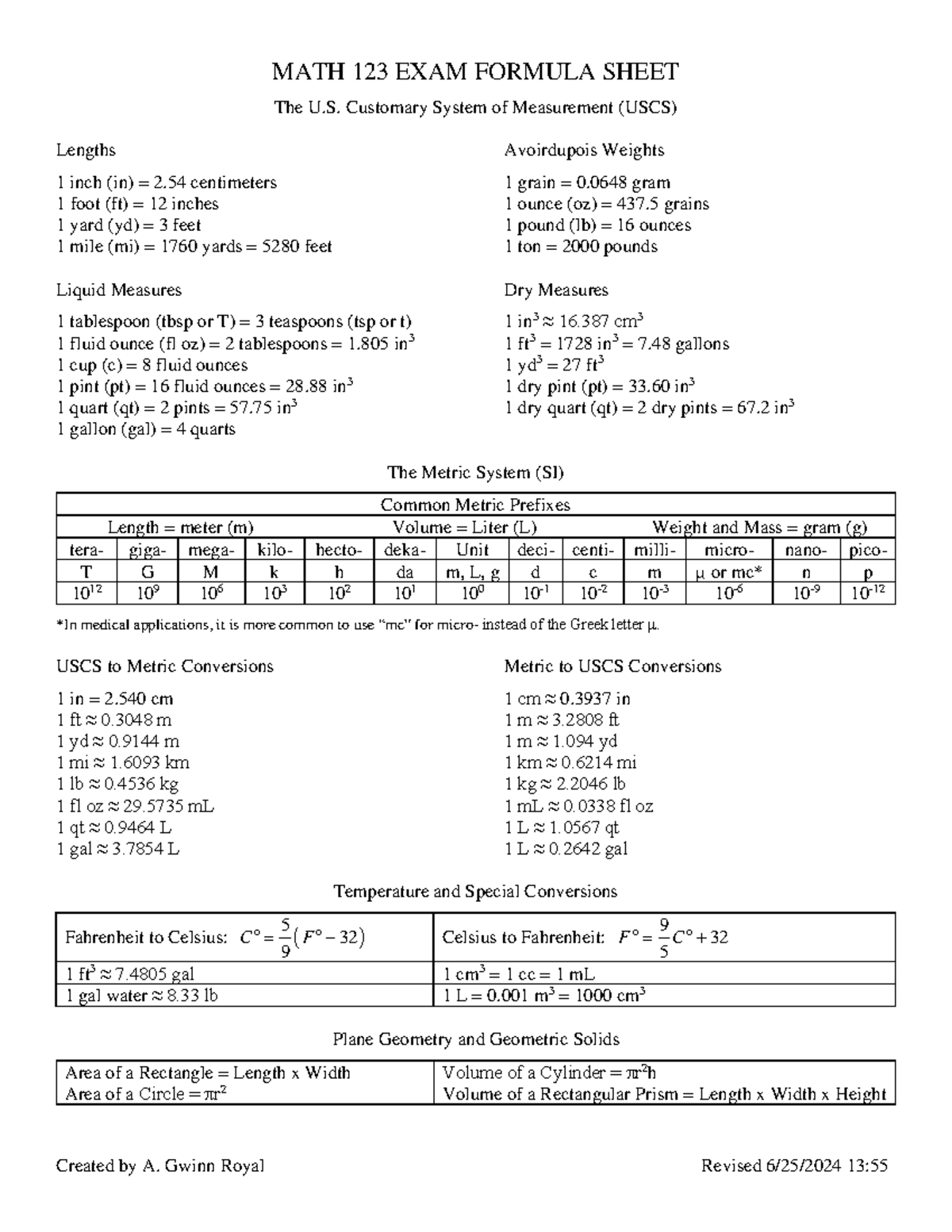 MATH 123 Final Exam Formula Sheet - USCS & Metric Conversions - Studocu