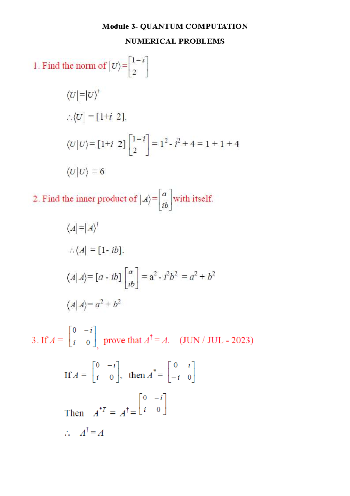 Module QUANTUM COMPUTATION: Numerical Problems & Solutions - Studocu
