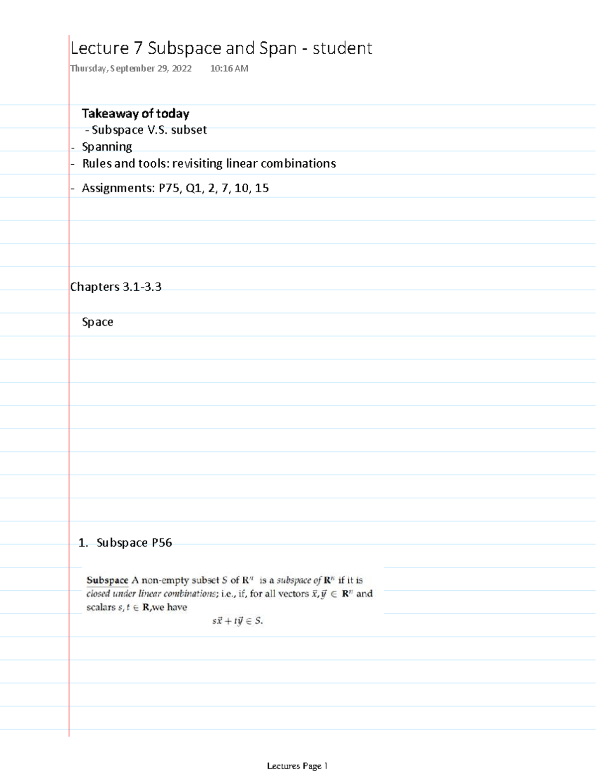 Lecture 7 Subspace and Span - student - Engg1500 - Takeaway of today ...
