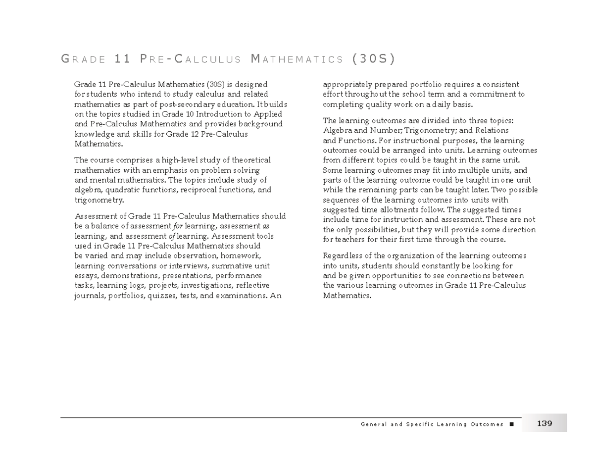 Grade 11 Pre-Calculus Mathematics (30S) Course Overview and Learning ...