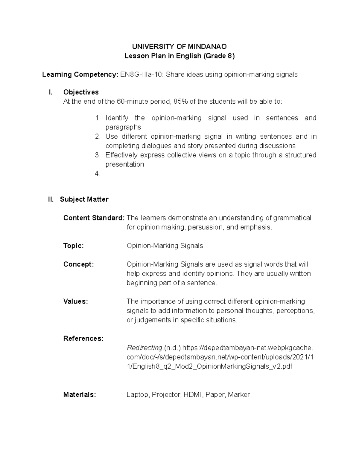 ELT224 Lesson Plan: Using Signals to Express Opinions in English - Studocu