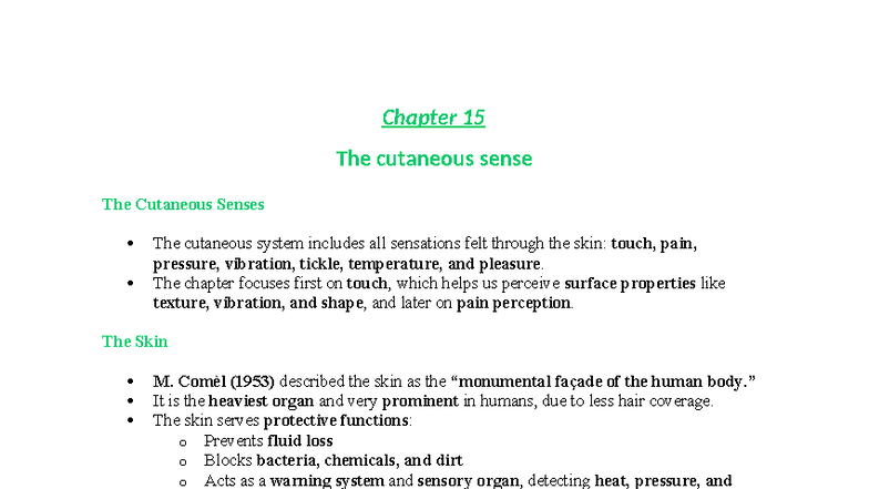 Chapter 15 - The Cutaneous Senses: Touch, Pain, and Perception - Studocu