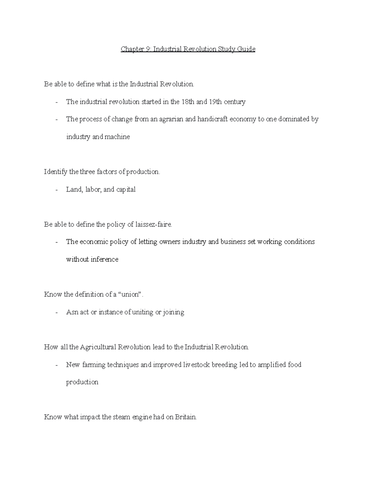 Copy of Chapter 9 Industrial Revolution Study Guide - Chapter 9 ...