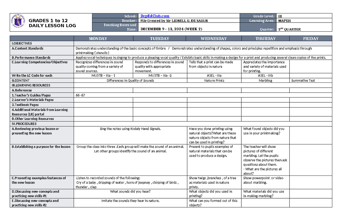 DLL Mapeh 3 Q3 W2 - sharing documents for resources - GRADES 1 to 12 ...