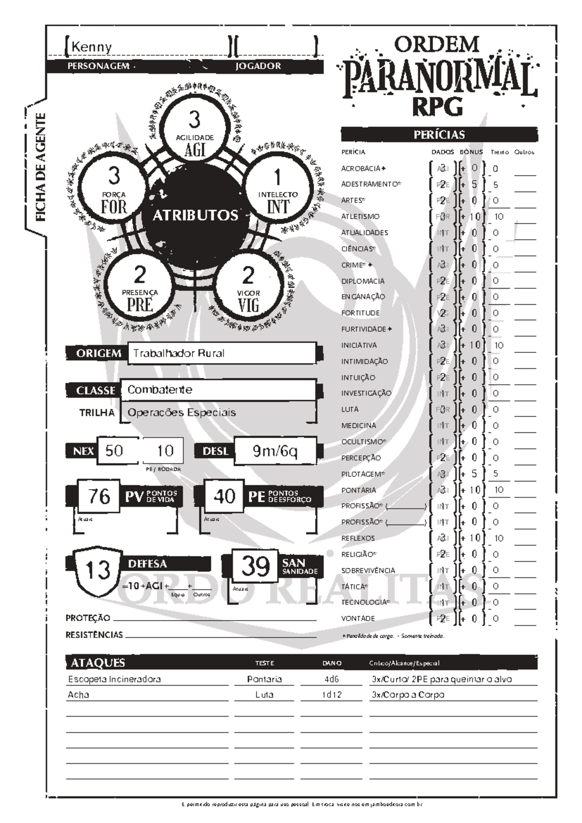 Ordem Paranormal - Ficha de Personagem Ellio (AGI 3) - Studocu