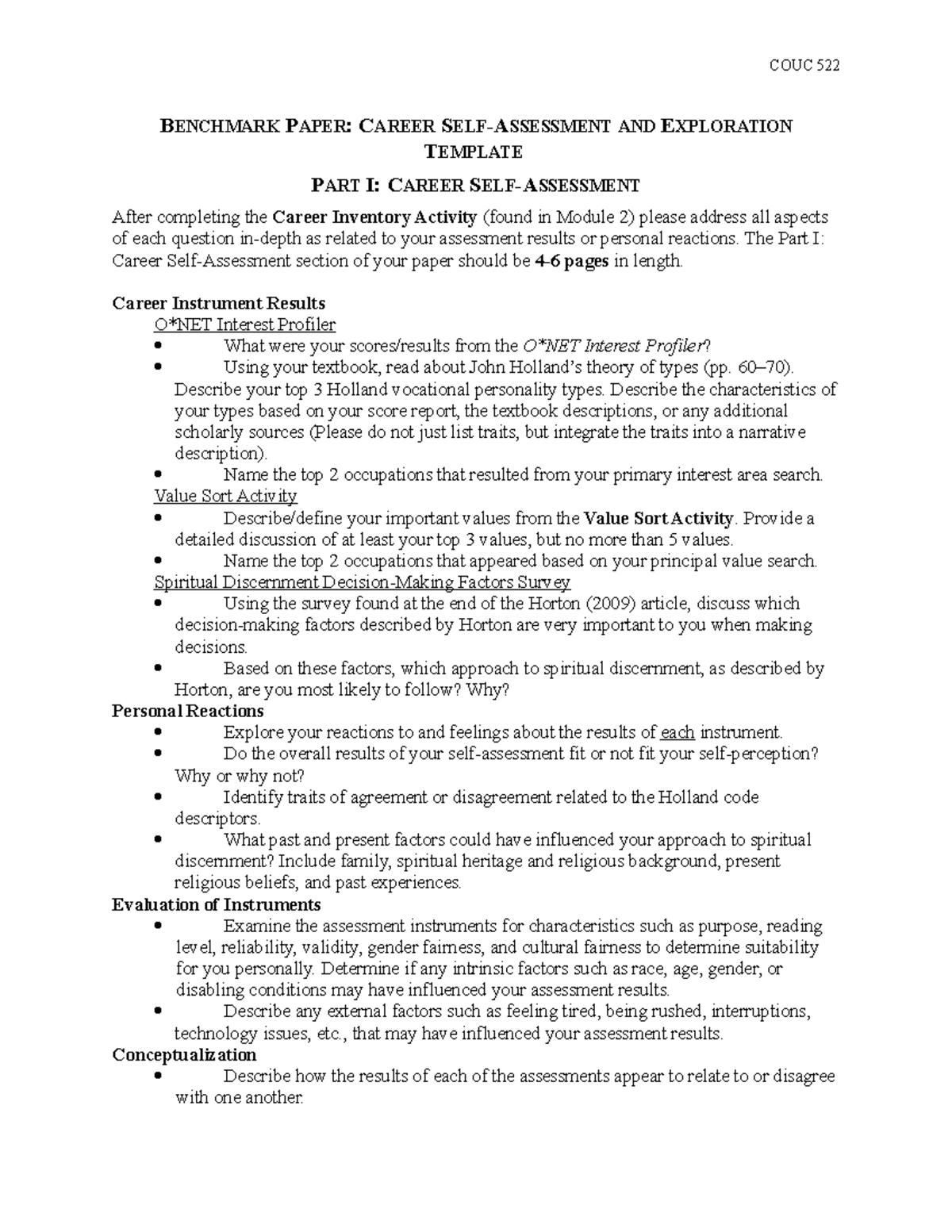 Benchmark Career Self-Assessment & Exploration Template - Guidelines ...