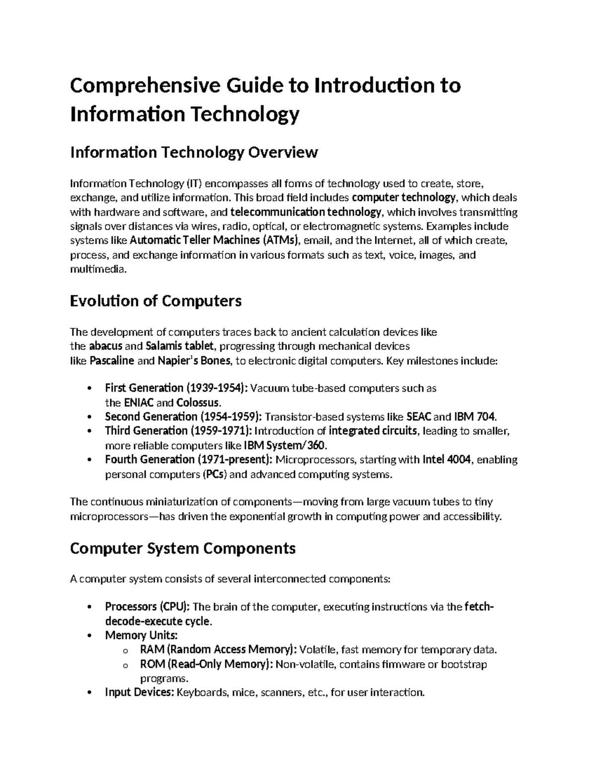 Comprehensive IT Overview: Key Concepts, Evolution, and Ethics - Studocu