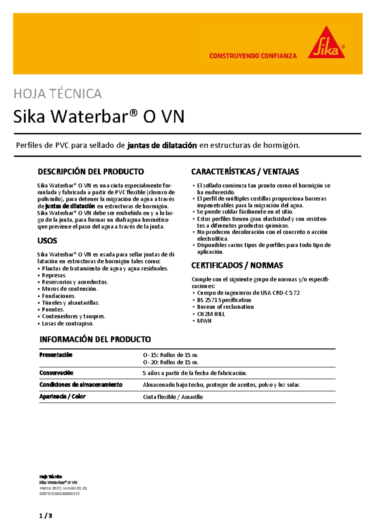 Hoja Técnica Sika O VN: Perfiles de PVC para Juntas de Dilatación - Studocu