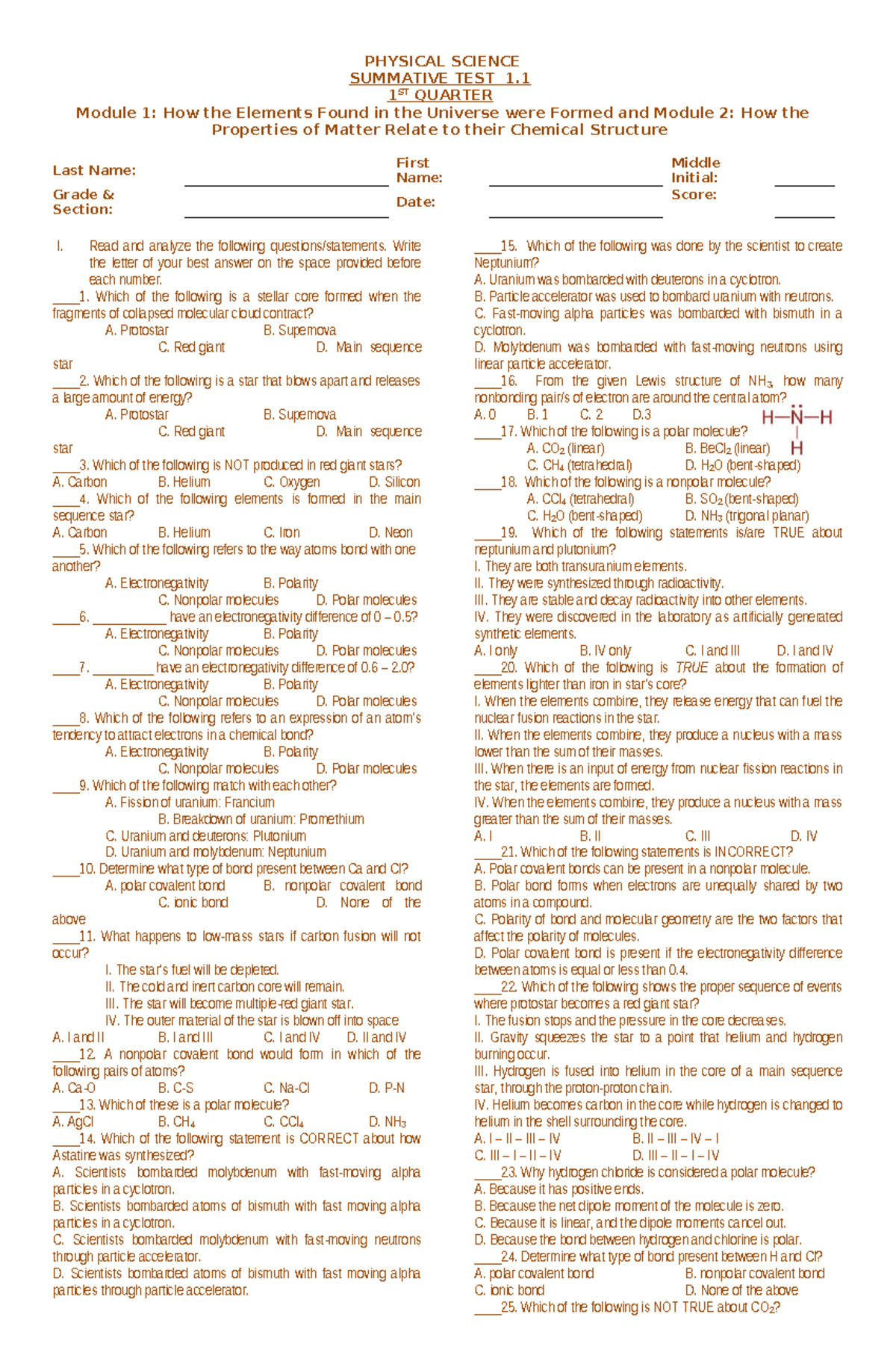 Summative 1 - physical science - PHYSICAL SCIENCE SUMMATIVE TEST 1. 1 ...
