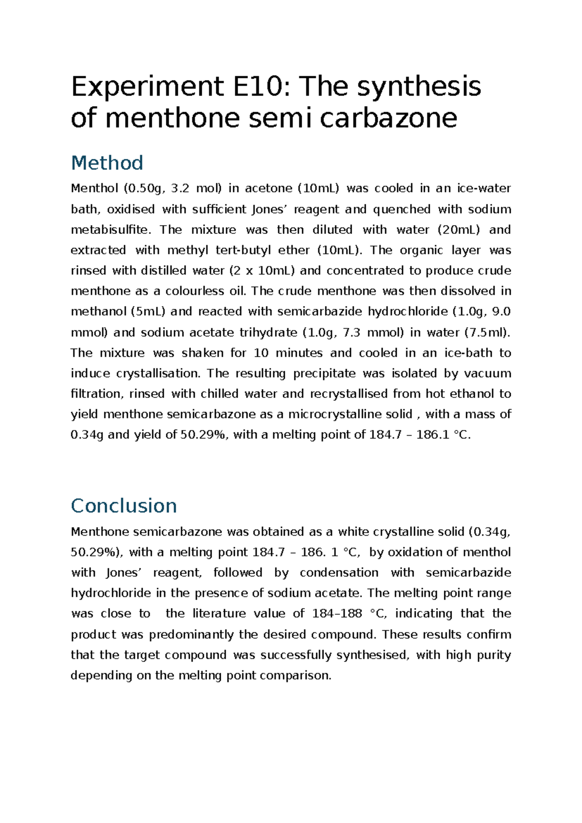 E10 - Experiment on Synthesis of Menthone Semicarbazone - Studocu