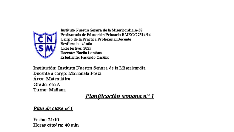 Planificación Semanal 1 - Matemáticas 6to A - RMEGC - Studocu