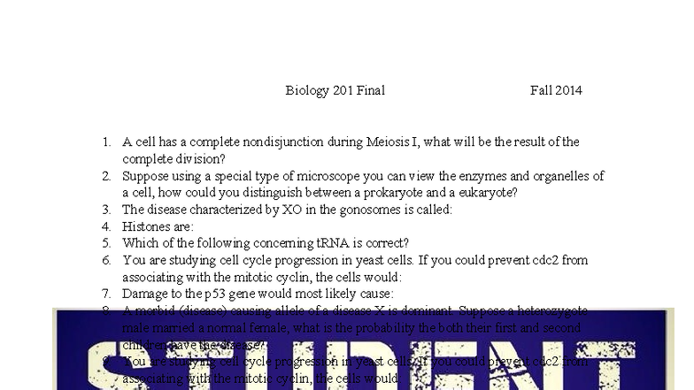 Bio 201 Final Exam Study Guide - Fall 2014 - Studocu