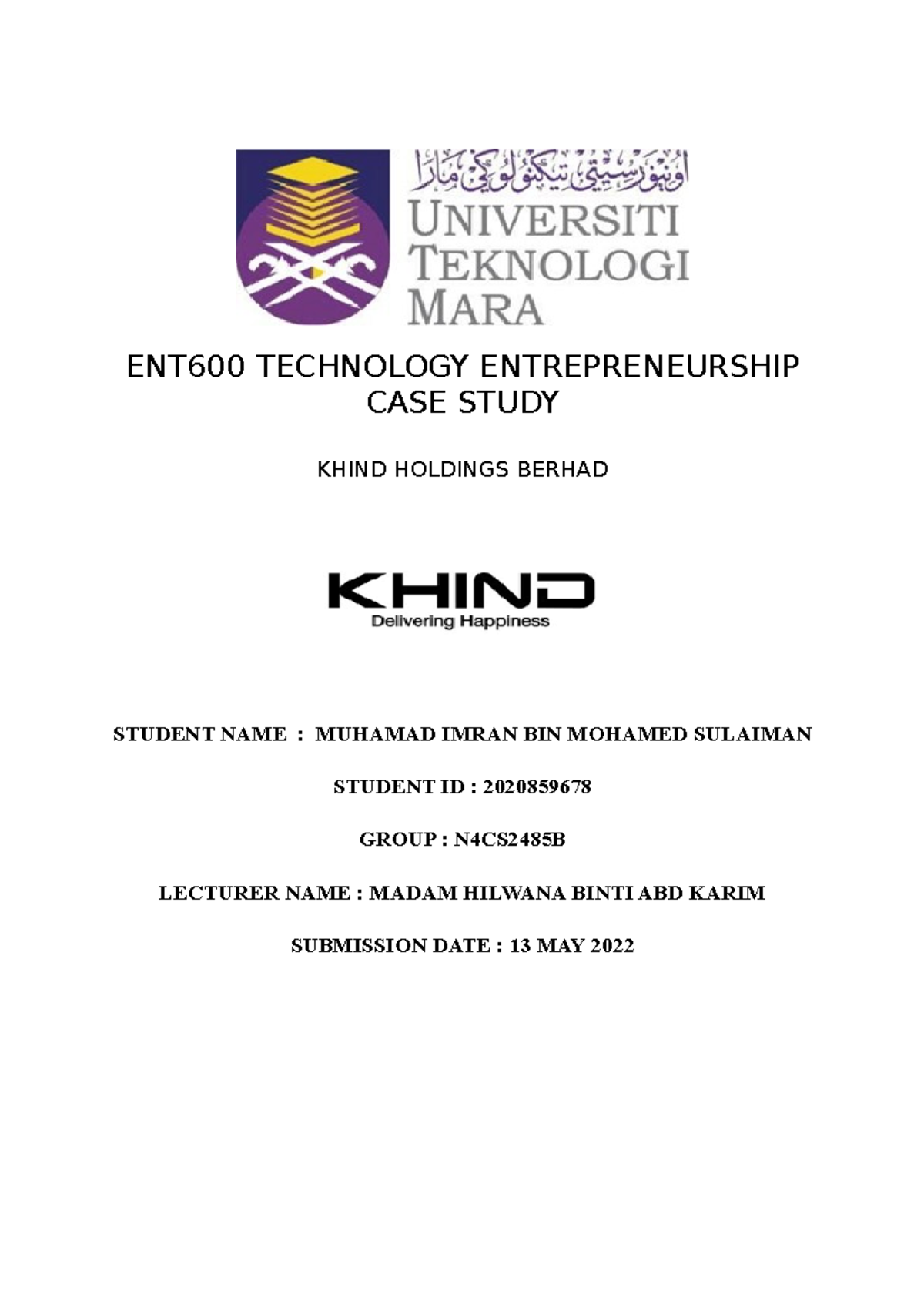 Khind- Muhamad Imran BIN Mohamed Sulaiman - ENT600 TECHNOLOGY ...