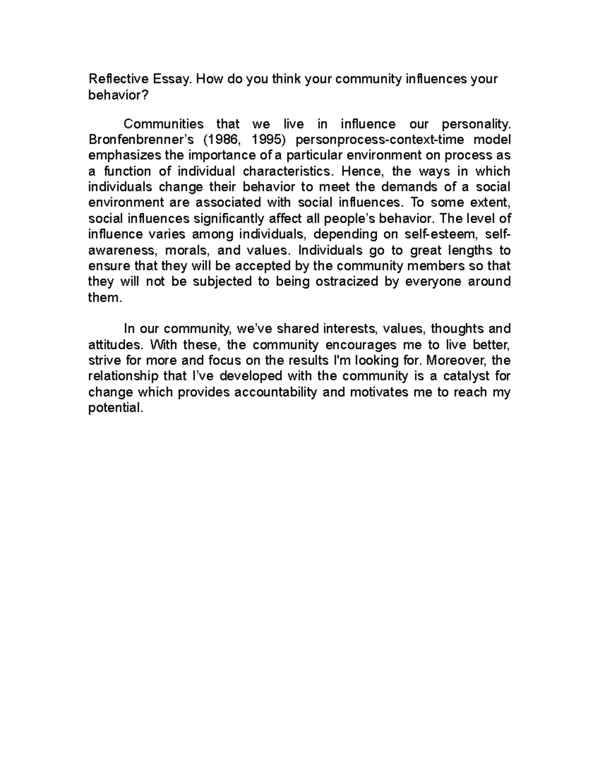 Reflective Essay Community Influence Behavior - Reflective Essay. How ...
