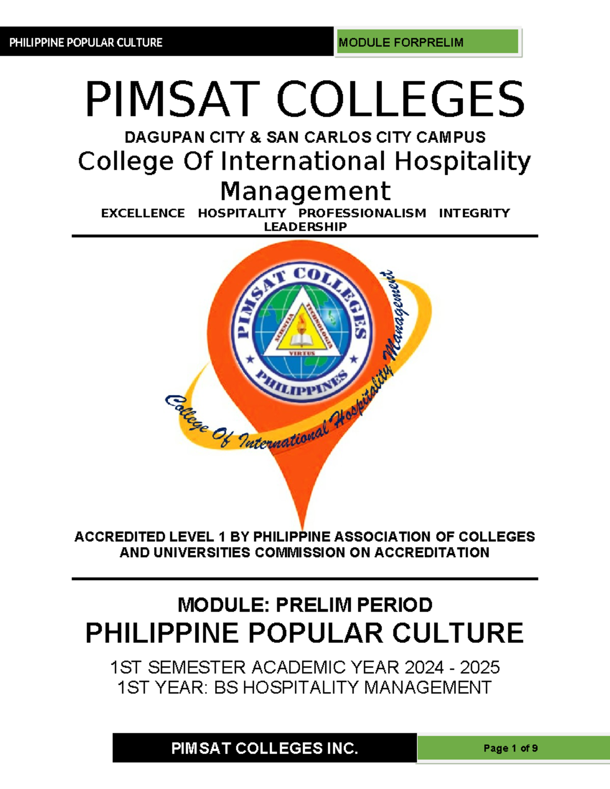 Philippine Popular Culture: Module for 1st Year BS Hospitality 2024 ...