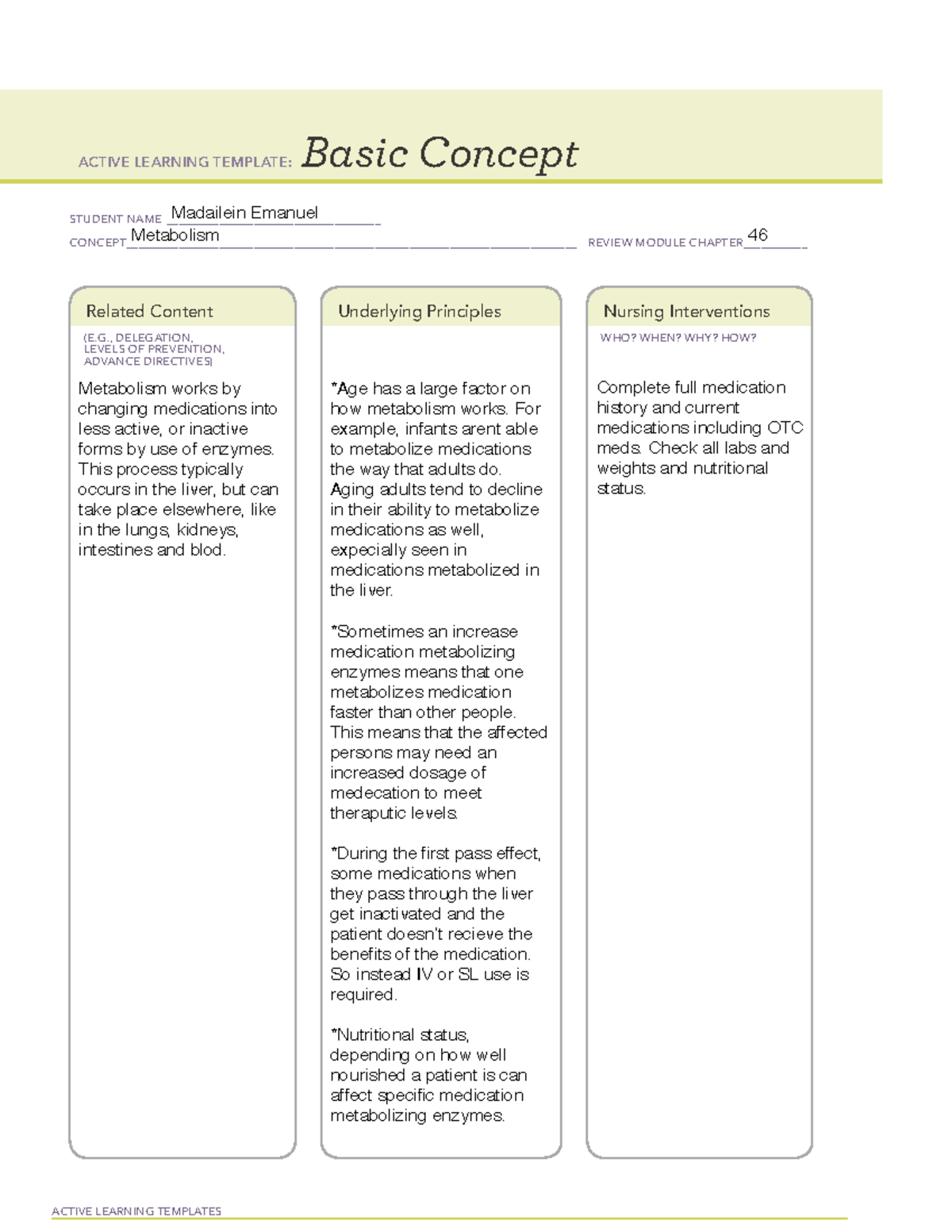 ACTIVE LEARNING TEMPLATE: Metabolism Concepts for Nursing 46 - Studocu