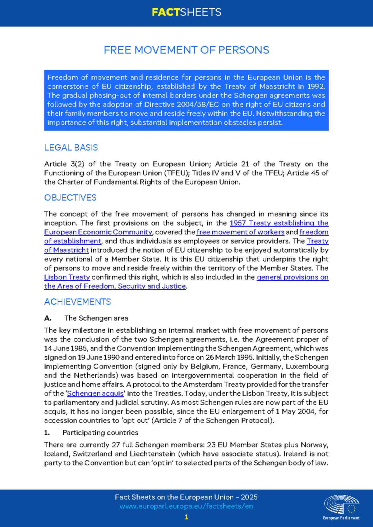 FREE MOVEMENT OF PEOPLE - Fact Sheets on the European Union - 2025 ...