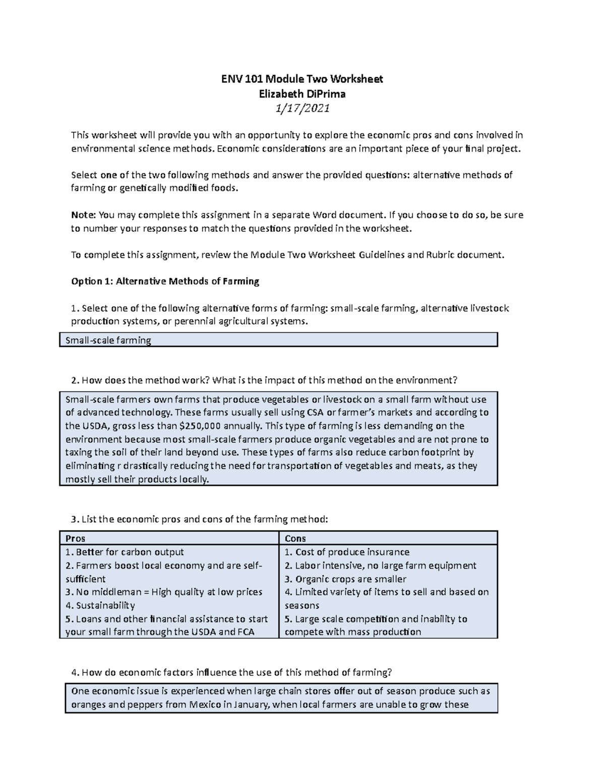 ED ENV 101 Module Two Worksheet: Economic Analysis of Farming Methods ...