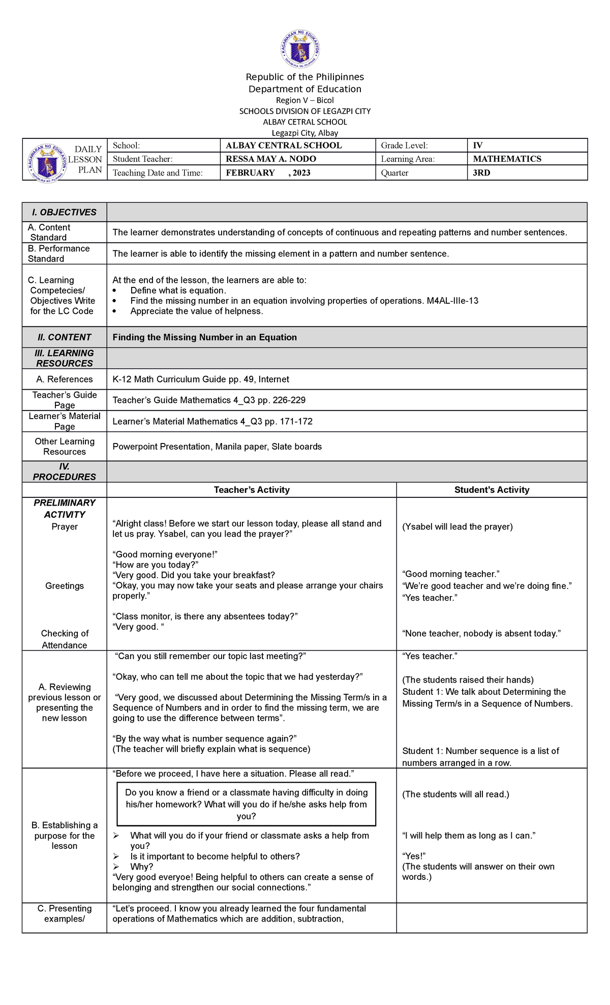 MATH 1: DLP (Understanding and Finding Missing Terms in Equations ...