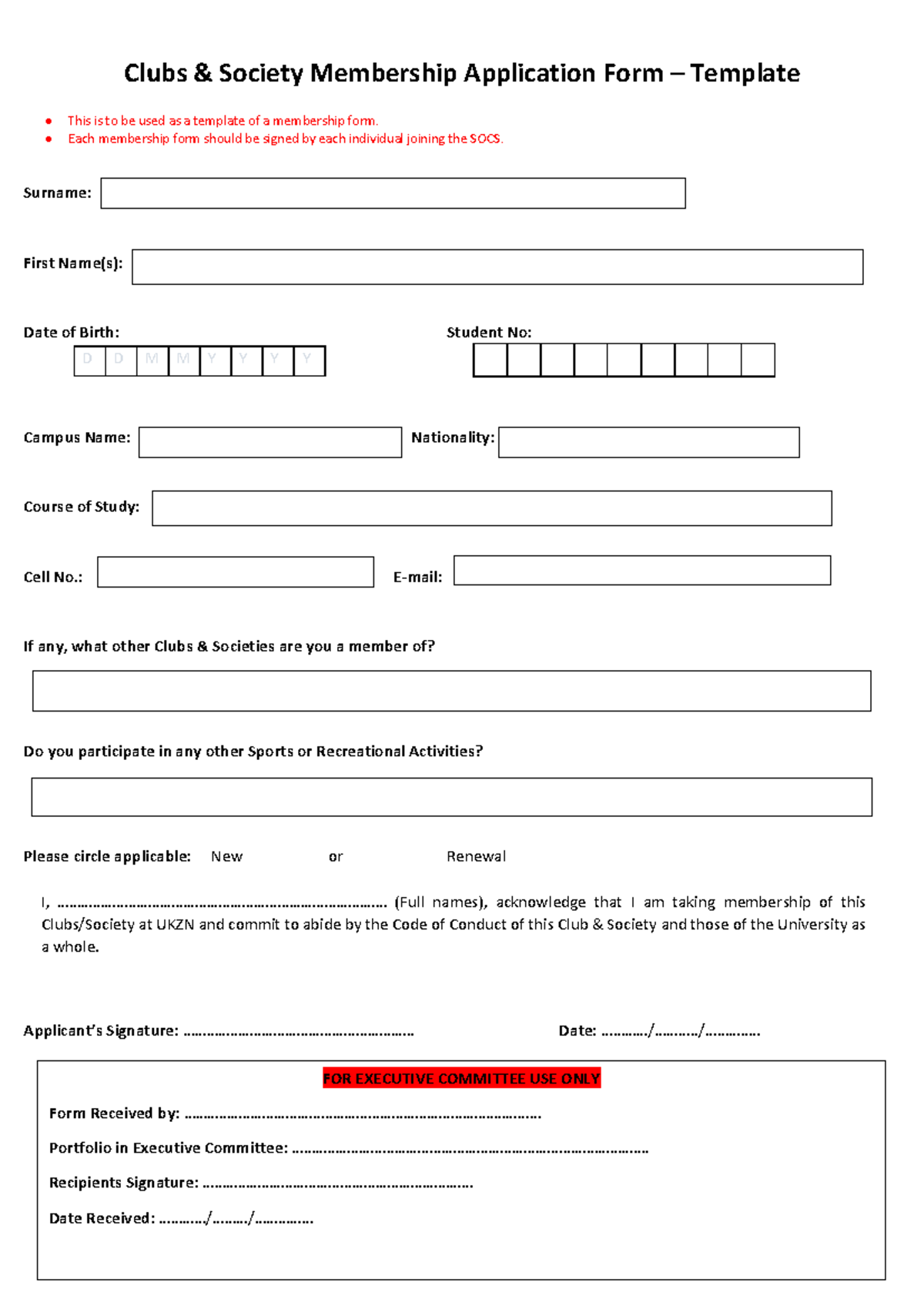 Clubs Society Membership Application Form Template - UKZN - Studocu